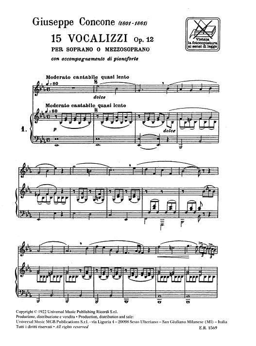 Giuseppe Concone - 15 Vocalises Opus 12 - Partition - di-arezzo.fr
