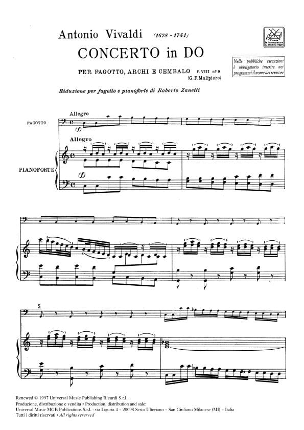 VIVALDI - Concerto en do maj. - F. 8 n° 9 - Basson/Piano - Partition ...