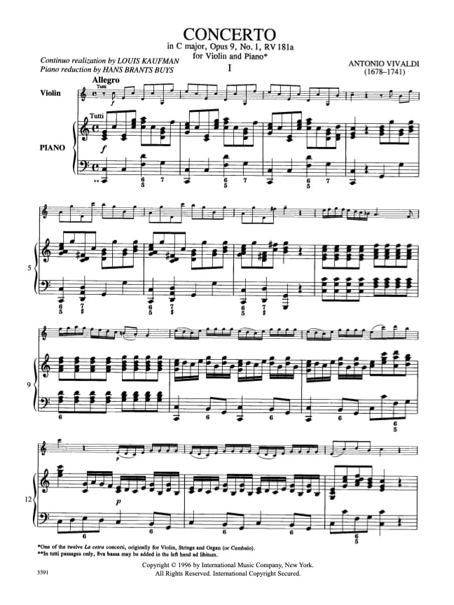 VIVALDI - Concerto in C major op. 9 n° 1 - F. 1 n° 47 - Partition - di ...