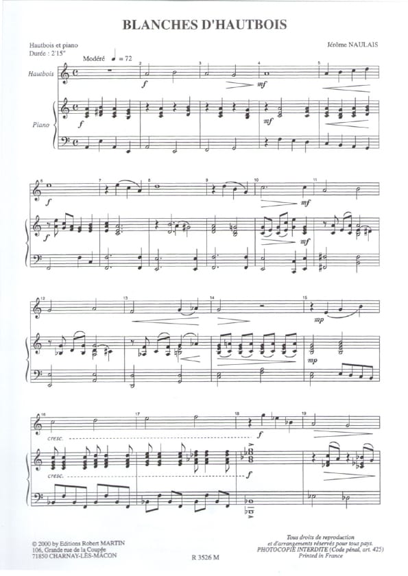 Blanches d'hautbois - Jérôme Naulais - Partition