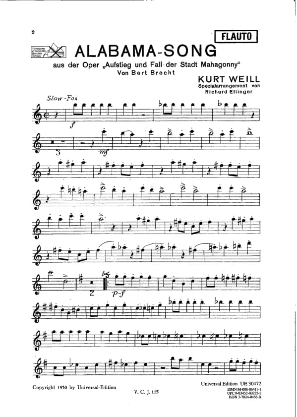 Alabama Song - Matériel Complet - WEILL - Partition - laflutedepan.com