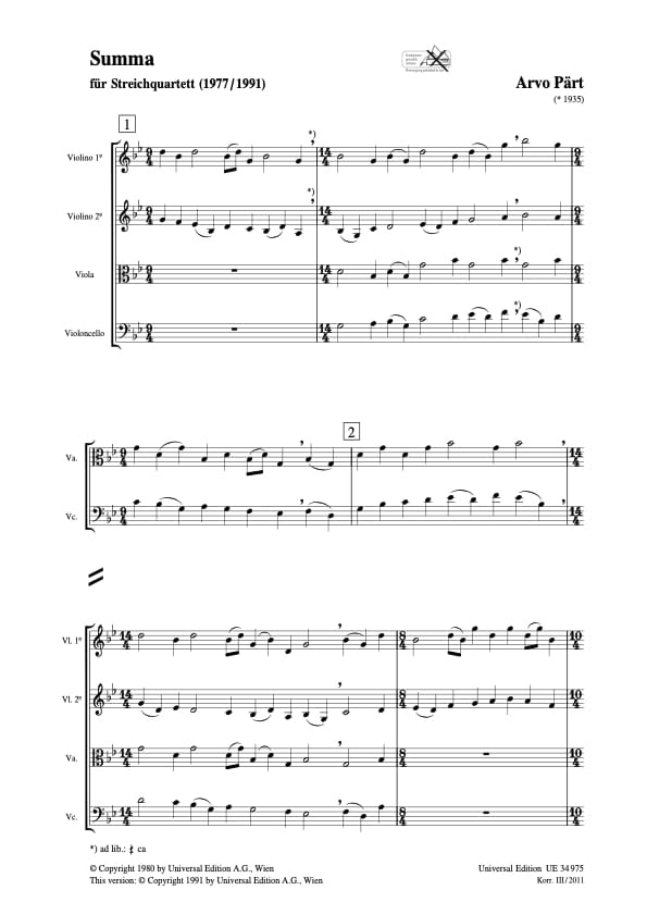 Arvo Pärt - Summa 1977/91 - 2 violines, viola y violonchelo - Partition - di-arezzo.es