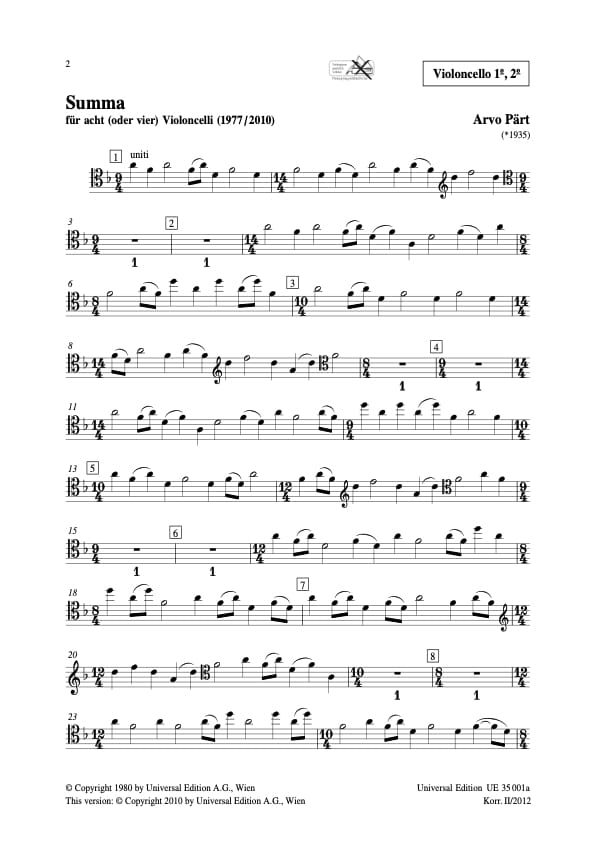 Summa pour 8 ou 4 Violoncelles - Parties - Arvo Pärt - Partition